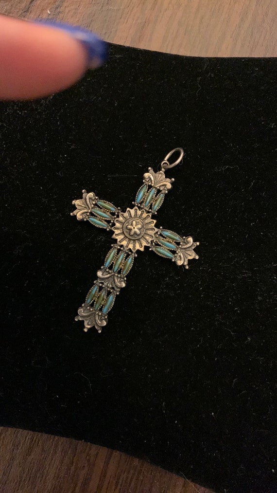 Vintage Pewter and Turquoise Art Glass Cross - Gem