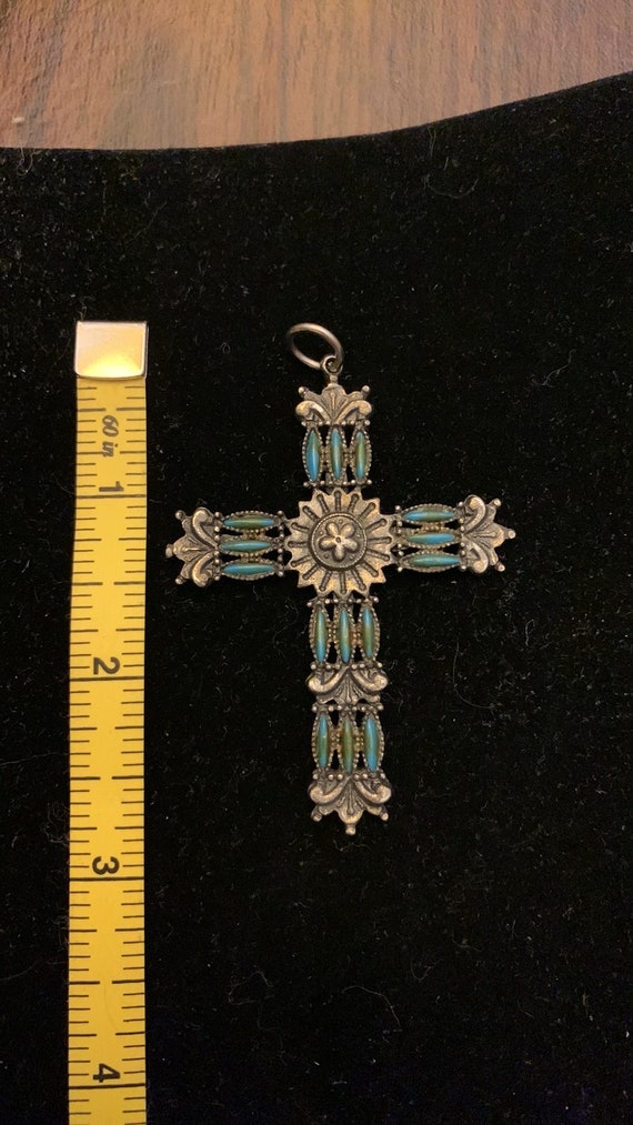 Vintage Pewter and Turquoise Art Glass Cross - Gem