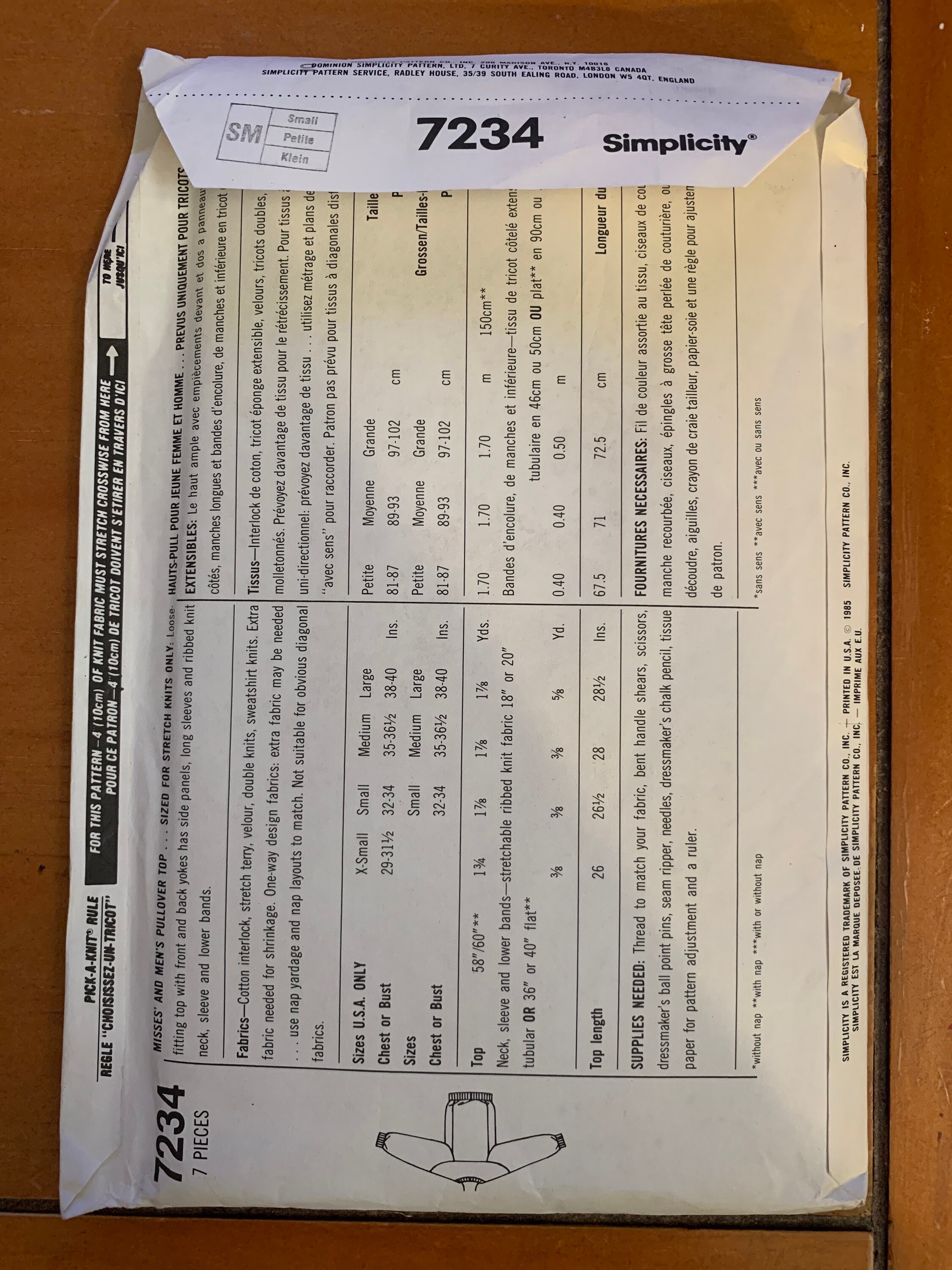 Simplicity 7234 Uncut Misses and Mens Pullover Top for Stretched Knits ...