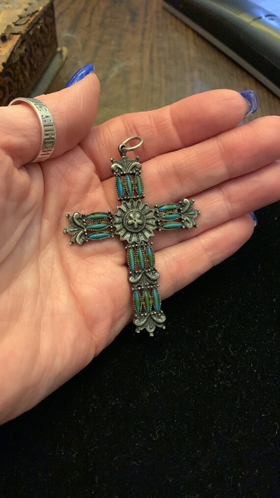 Vintage Pewter and Turquoise Art Glass Cross - Gem