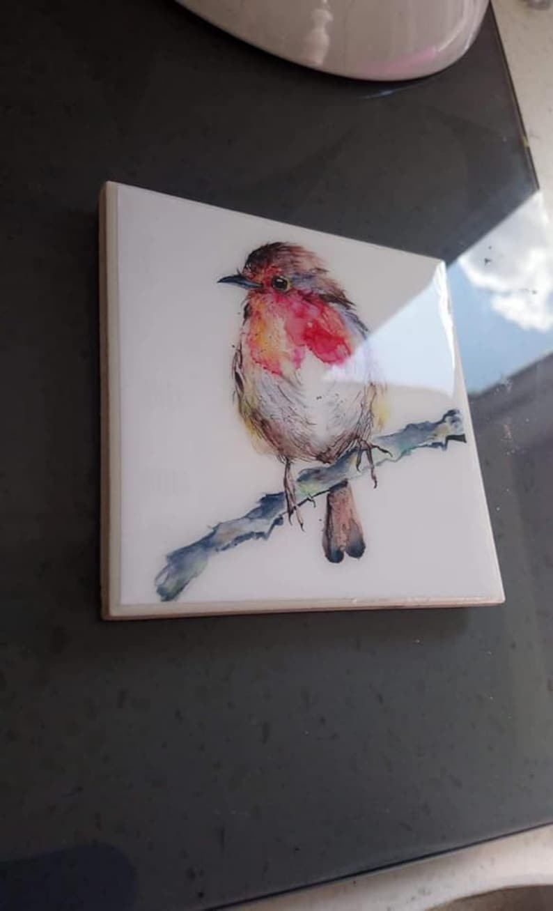 Robin art Handmade Ceramic coaster Watercolour gift for her | Etsy