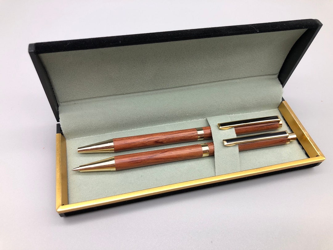 Slimline Pen & Pencil Set Bubinga and Gold With Black Velour Gift Box ...