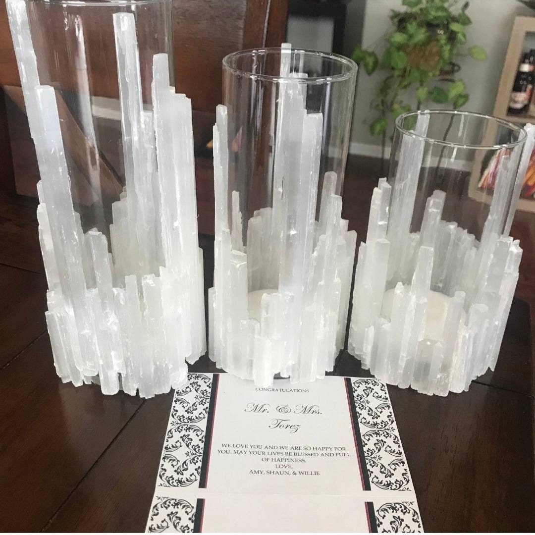 Selenite Crystal Glass Vase /candle Holders Three Piece Set Wedding ...
