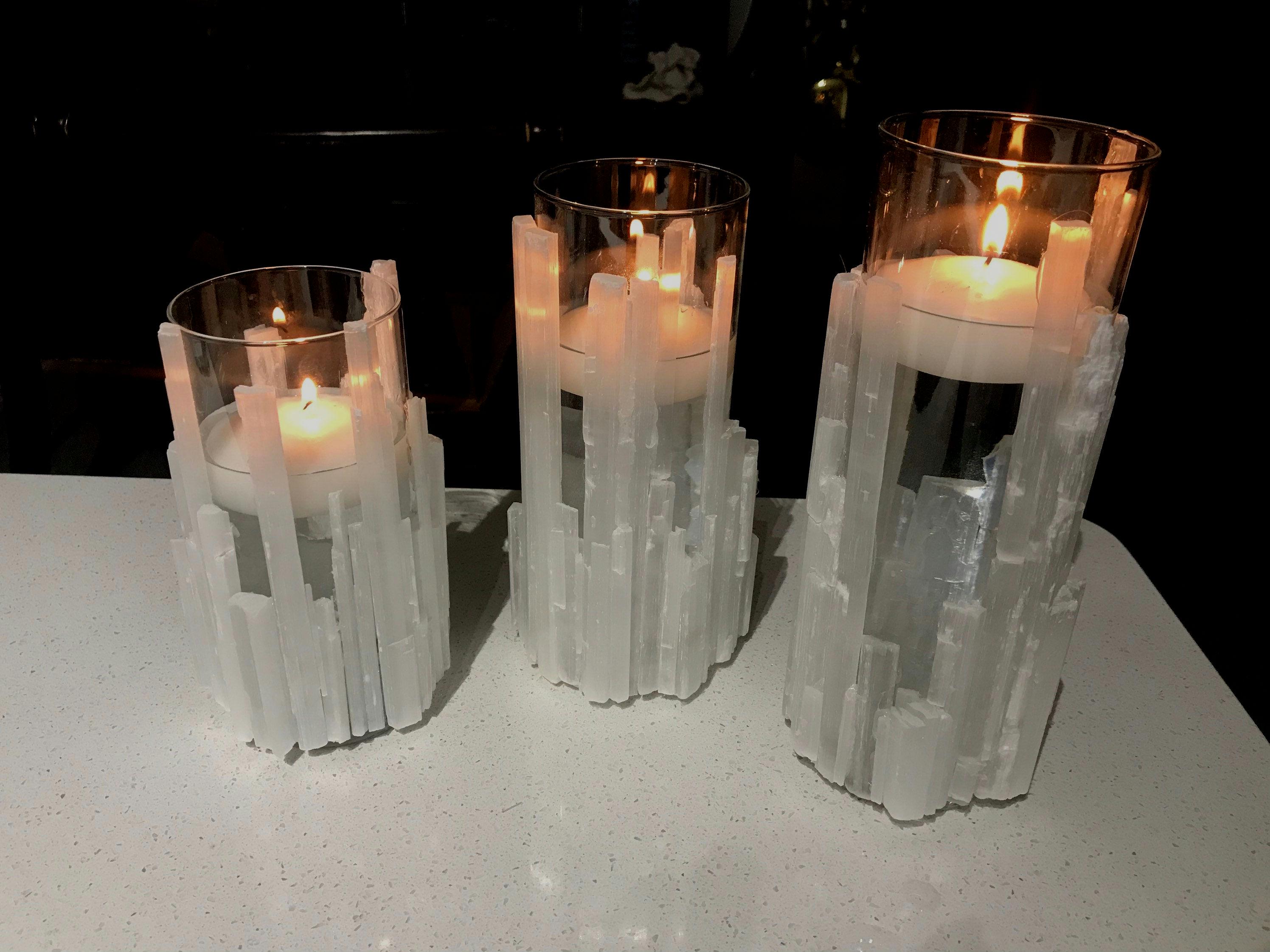 Selenite Crystal Glass Vase /candle Holders - Three Piece Set - Wedding ...