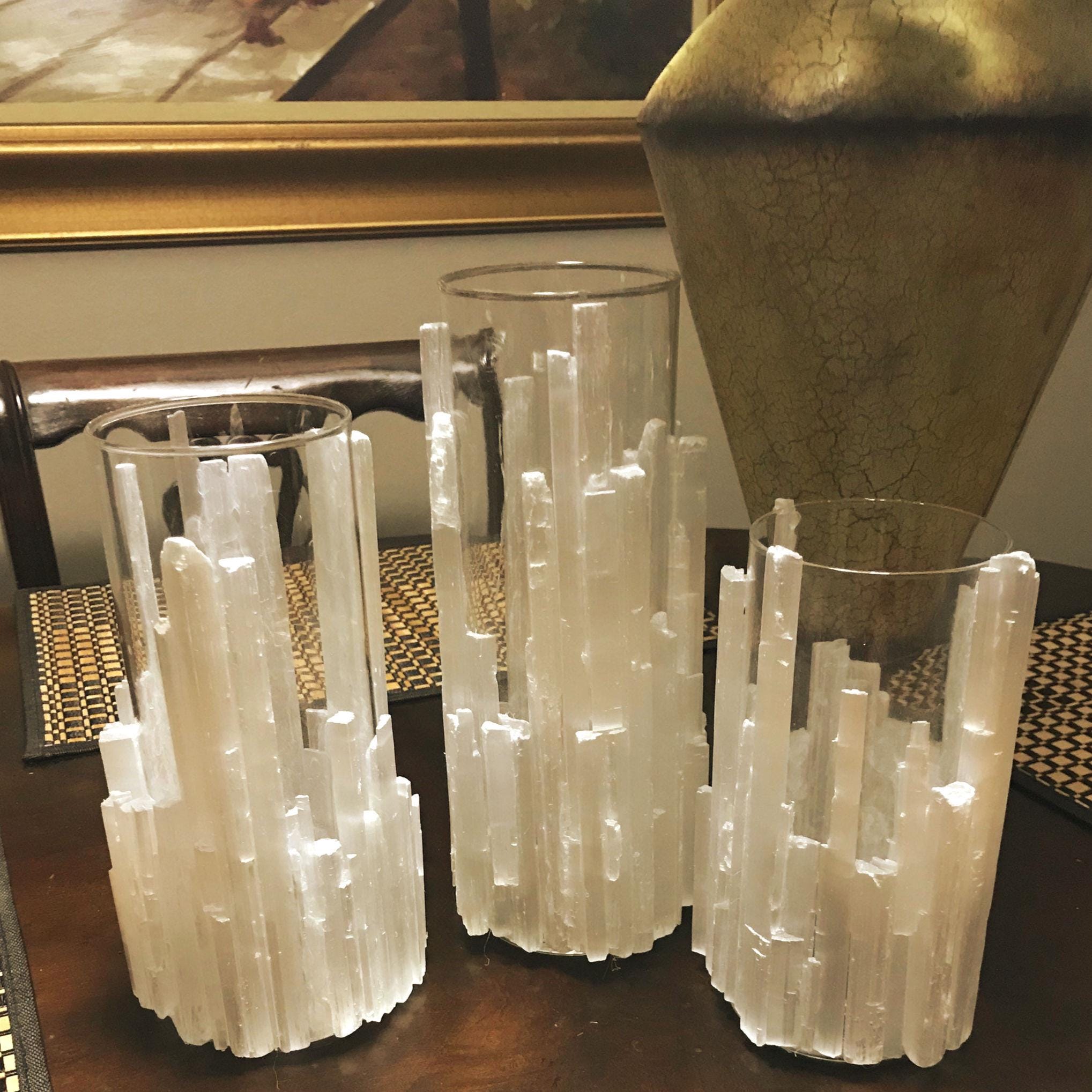Selenite Crystal Glass Vase /candle Holders - Three Piece Set - Wedding ...