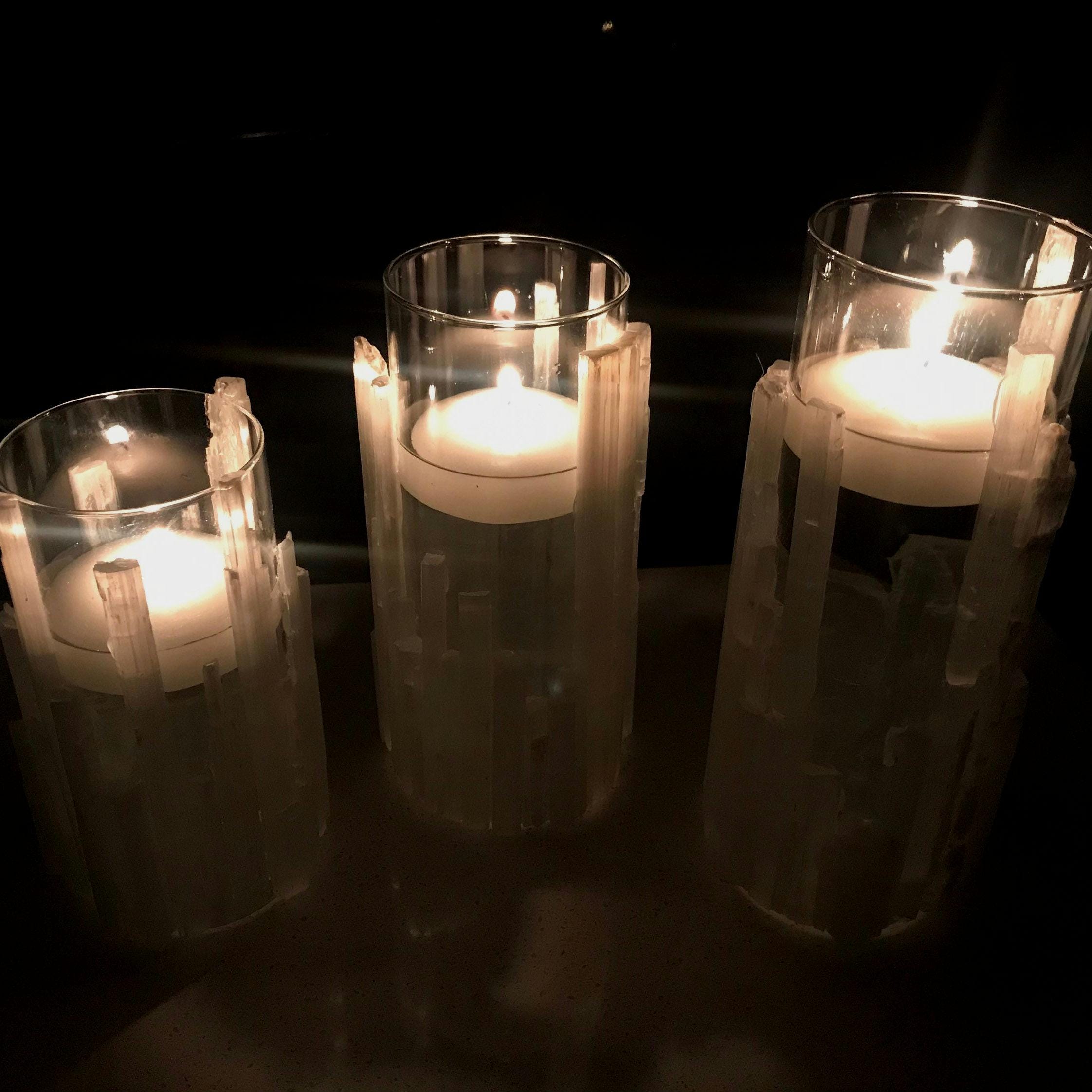Selenite Crystal Glass Vase /candle Holders - Three Piece Set - Wedding ...