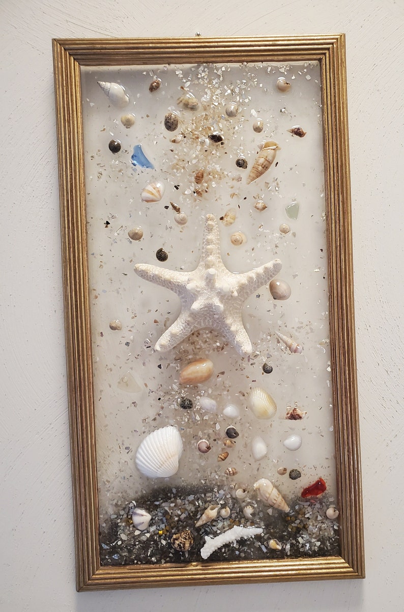 Seashells, Starfish & Seaglass Irridescent Epoxy Resin Art Gold Frame ...
