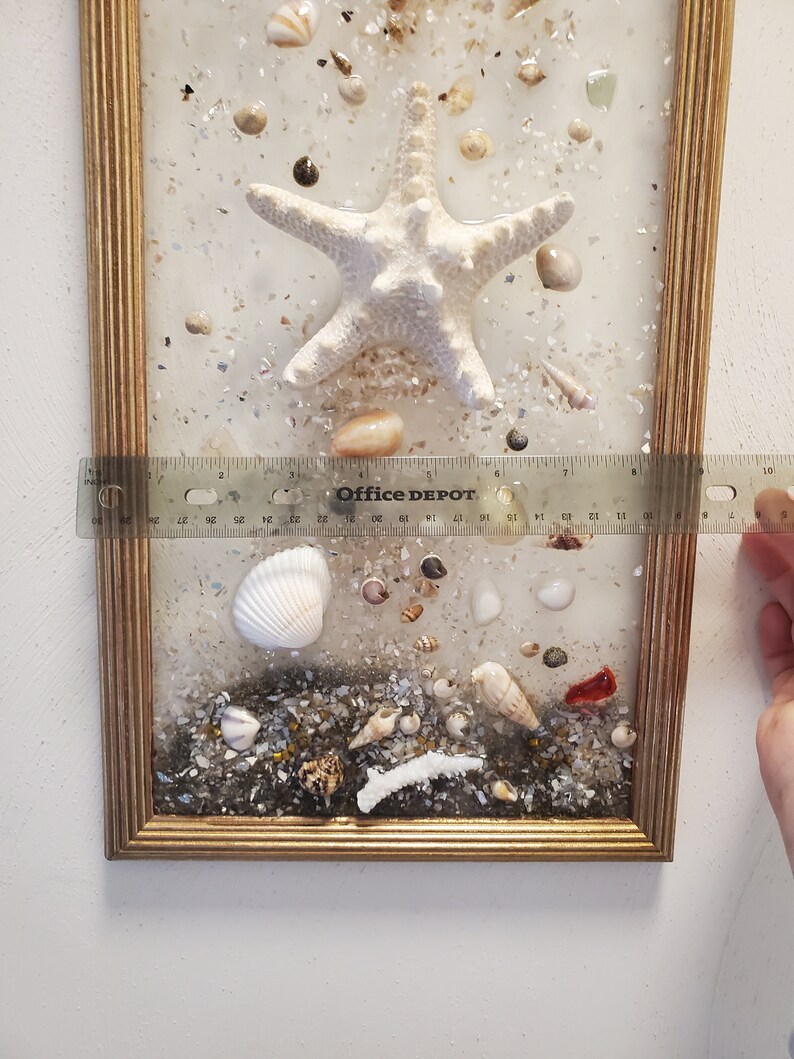 Seashells, Starfish & Seaglass Irridescent Epoxy Resin Art Gold Frame ...