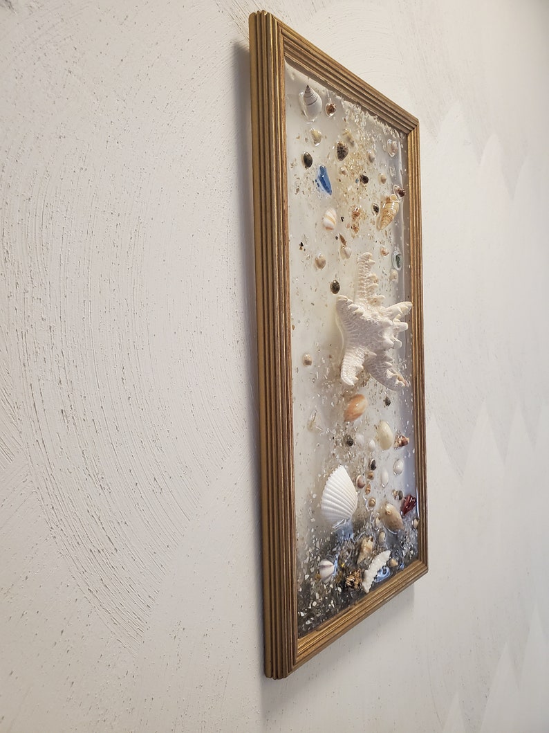 Seashells, Starfish & Seaglass Irridescent Epoxy Resin Art Gold Frame ...