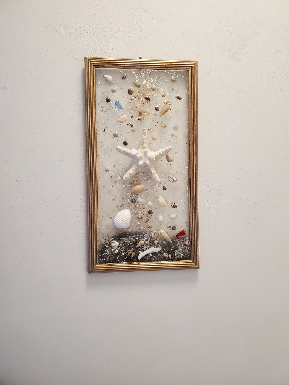 Seashells, Starfish & Seaglass Irridescent Epoxy Resin Art Gold Frame ...
