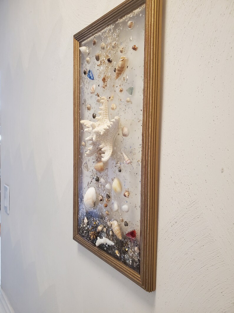 Seashells, Starfish & Seaglass Irridescent Epoxy Resin Art Gold Frame ...