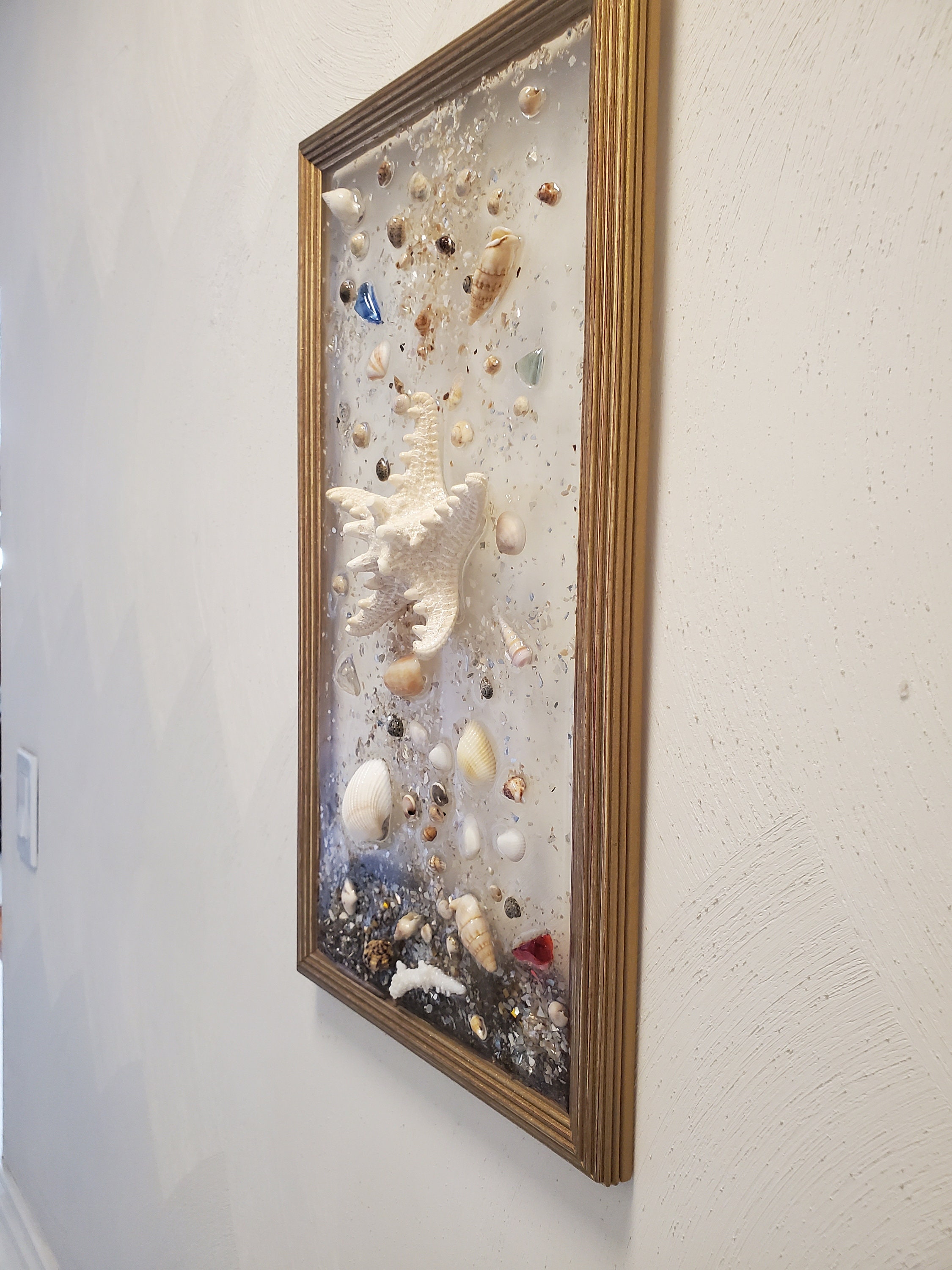 Seashells, Starfish & Seaglass Irridescent Epoxy Resin Art Gold Frame ...