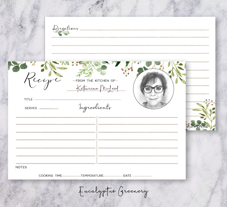 Personalized Photo Recipe Cards, Pencil Sketch Portrait, Boho, Mother's ...