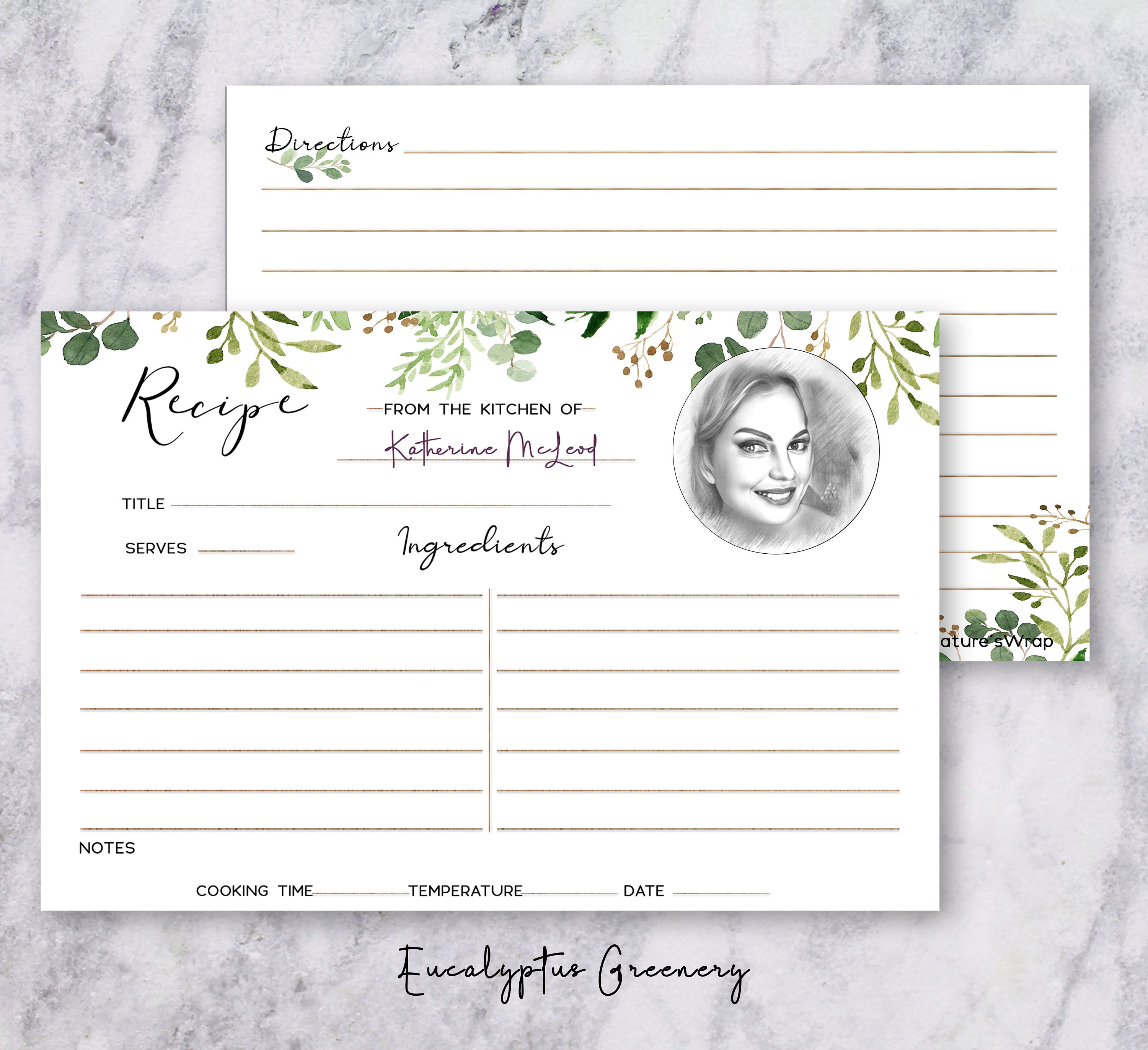Personalized Recipe Cards, Photo or Pencil Sketch, Greenery Design ...