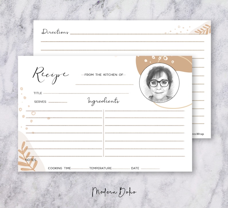 Personalized Recipe Cards, Pencil Sketch Portrait, Photo Greenery ...