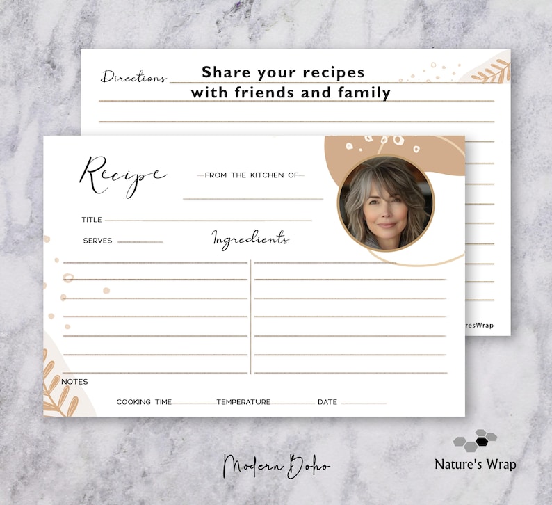 Personalized Photo Recipe Cards, Pencil Sketch Portrait, Boho, Mother's ...