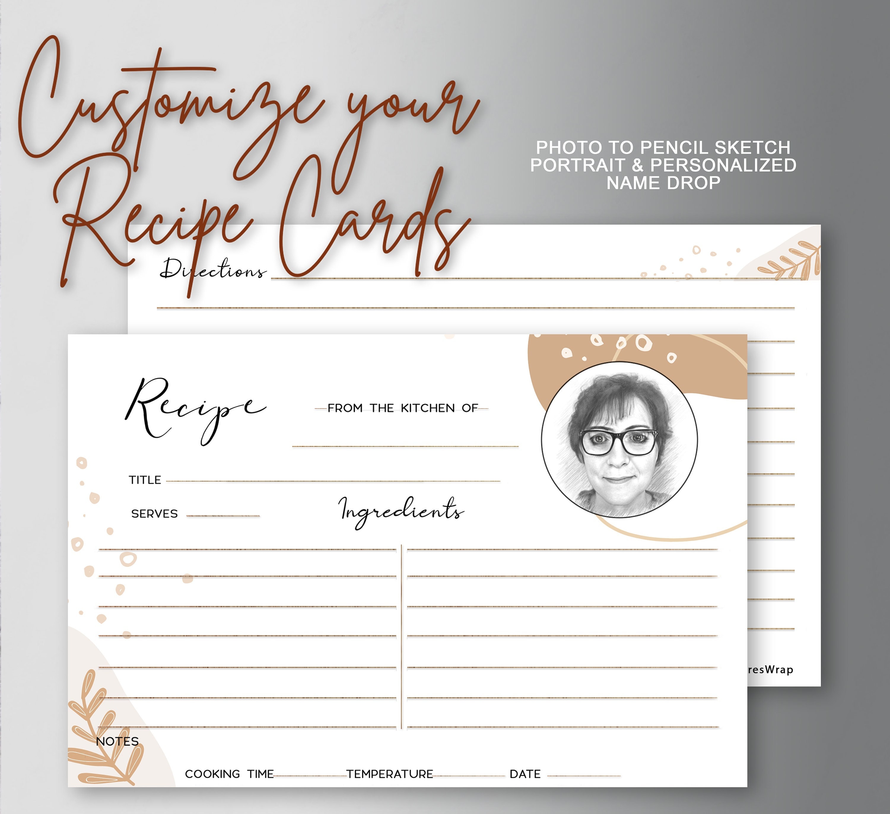 Personalized Photo Recipe Cards, Pencil Sketch Portrait, Boho, Mother's ...