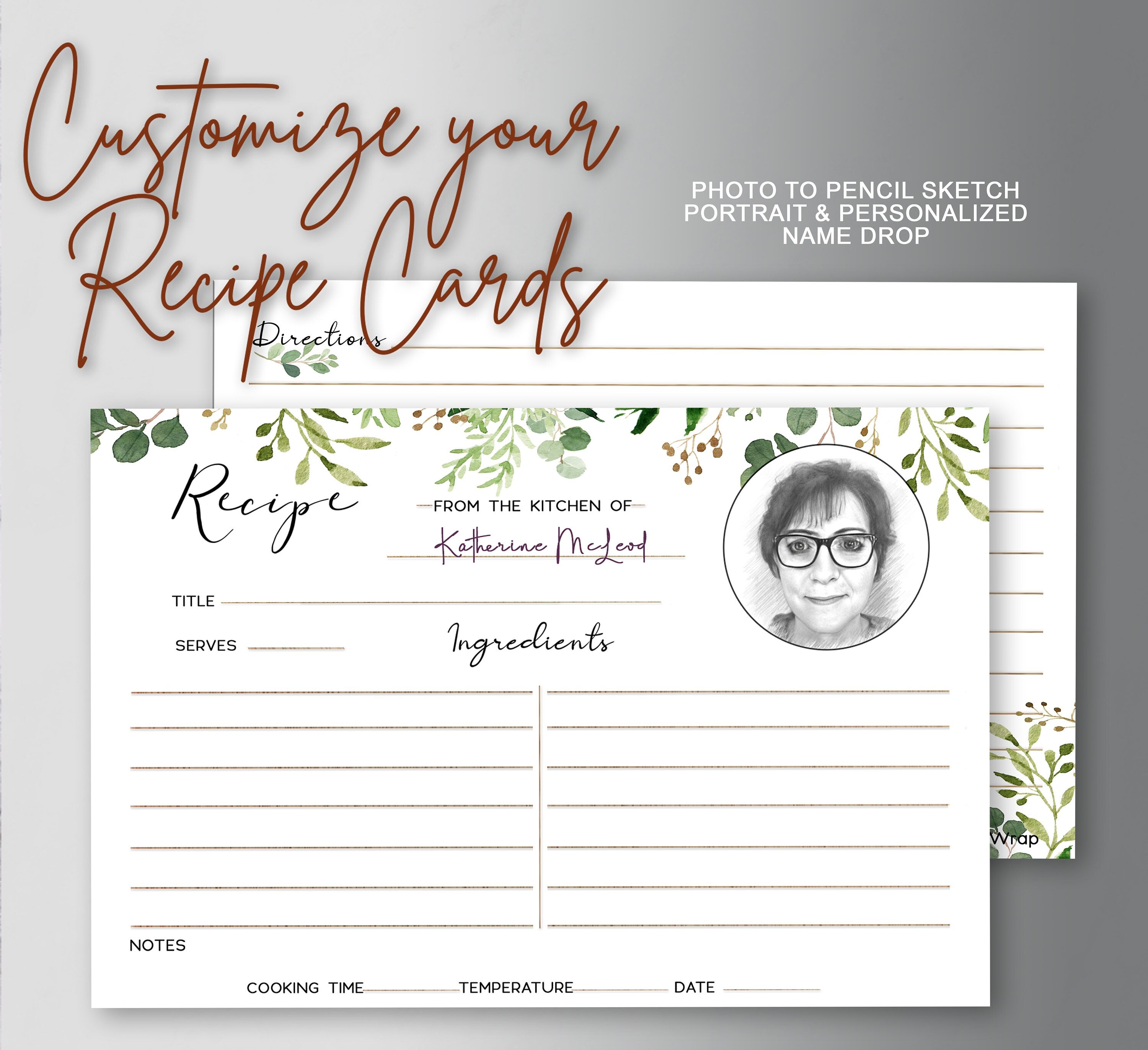 Personalized Recipe Cards, Pencil Sketch Portrait, Photo Greenery ...