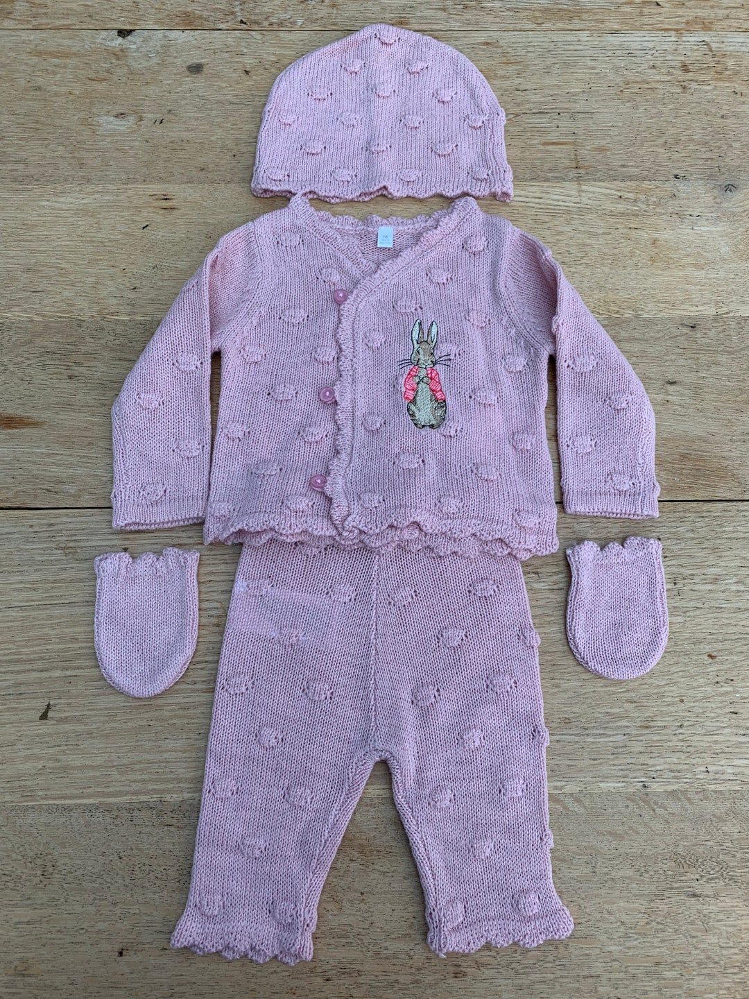 Embroidered Peter Rabbit Dusty Pink Bobble Knitted Layette 4 Piece Set ...