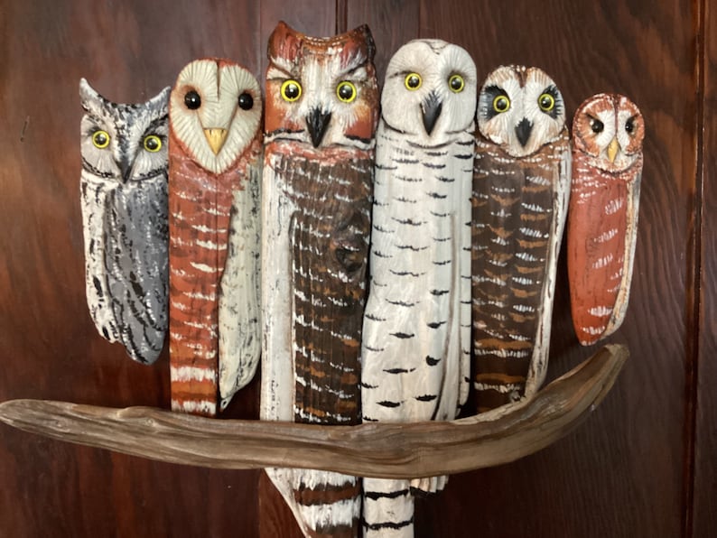 Handcarved Driftwood 6 Owl Family Hanging. - Etsy