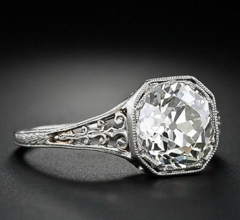 Antique Vintage Old Mine Round Cut 925 Sterling Silver Moissanite Ring ...