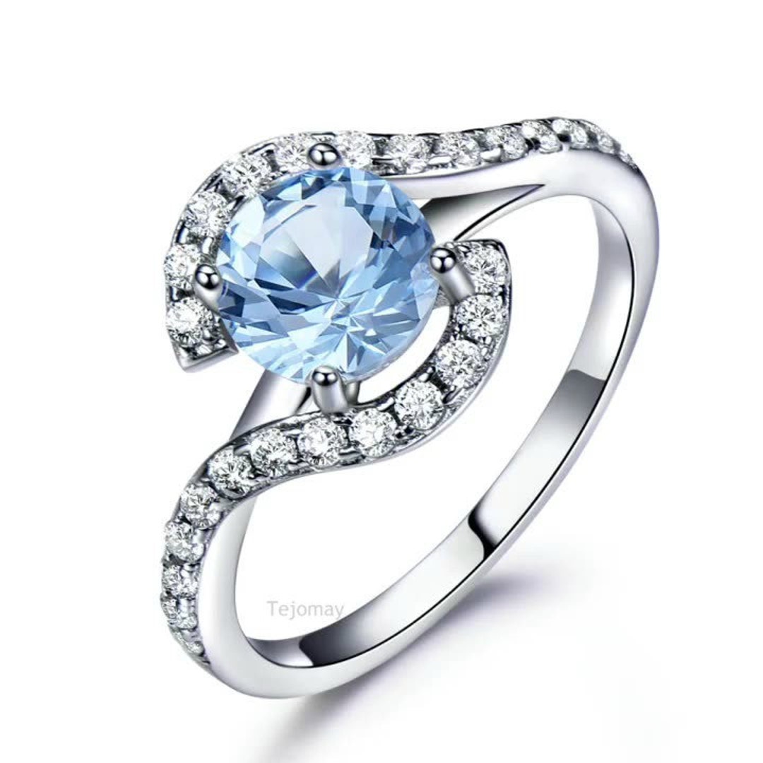 Classic Style Light Blue Color Round Cut Ring , 925 Sterling Silver CZ ...