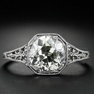 Antique Vintage Old Mine Round Cut 925 Sterling Silver Moissanite Ring ...