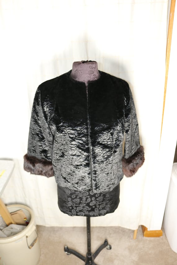 Vintage Crushed Velvet Jacket with Rabbit Fur Trim - Gem
