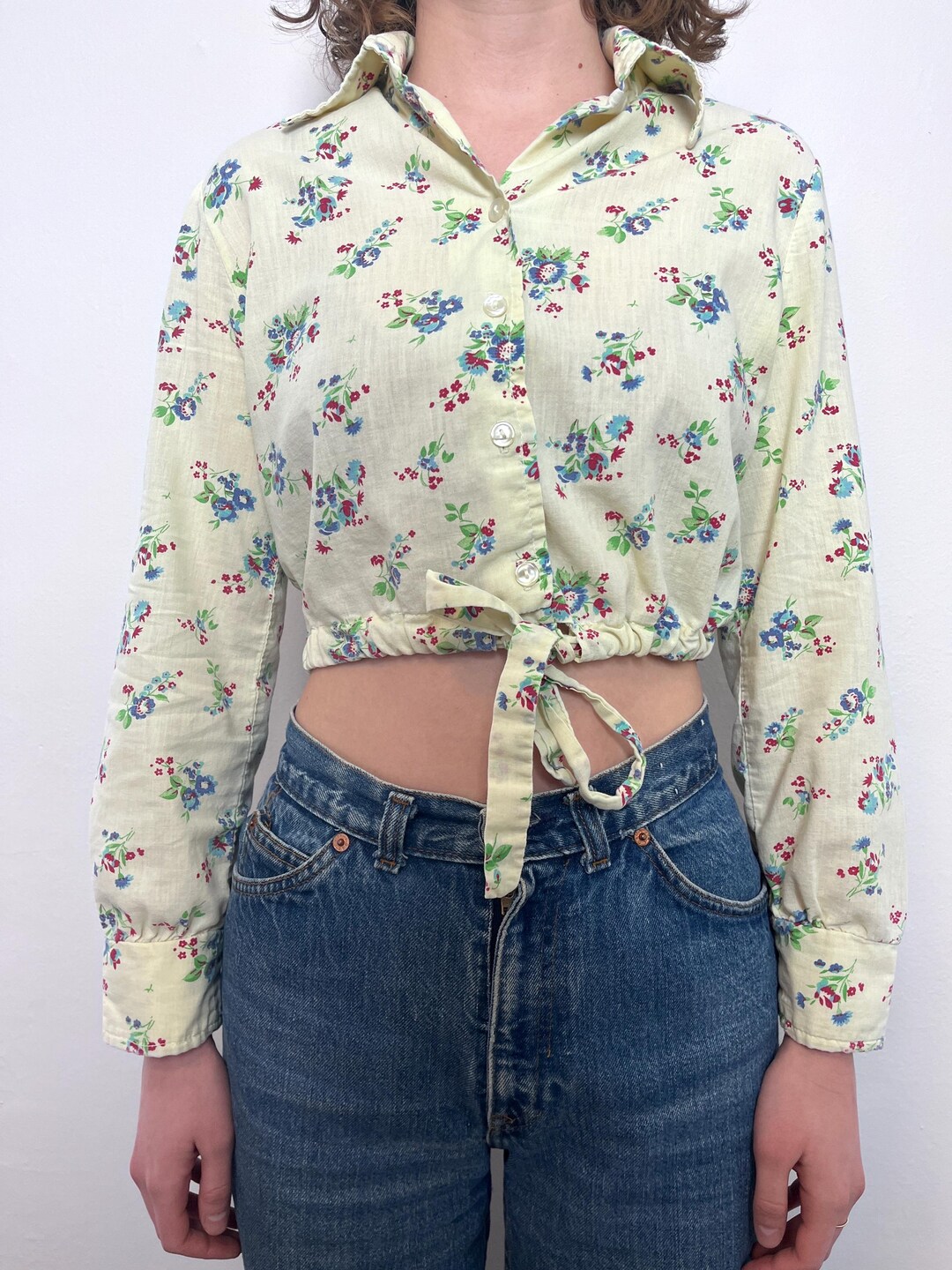Vintage 70s Crop Top With Tie, Floral Summer Button Top, Half Shirts ...