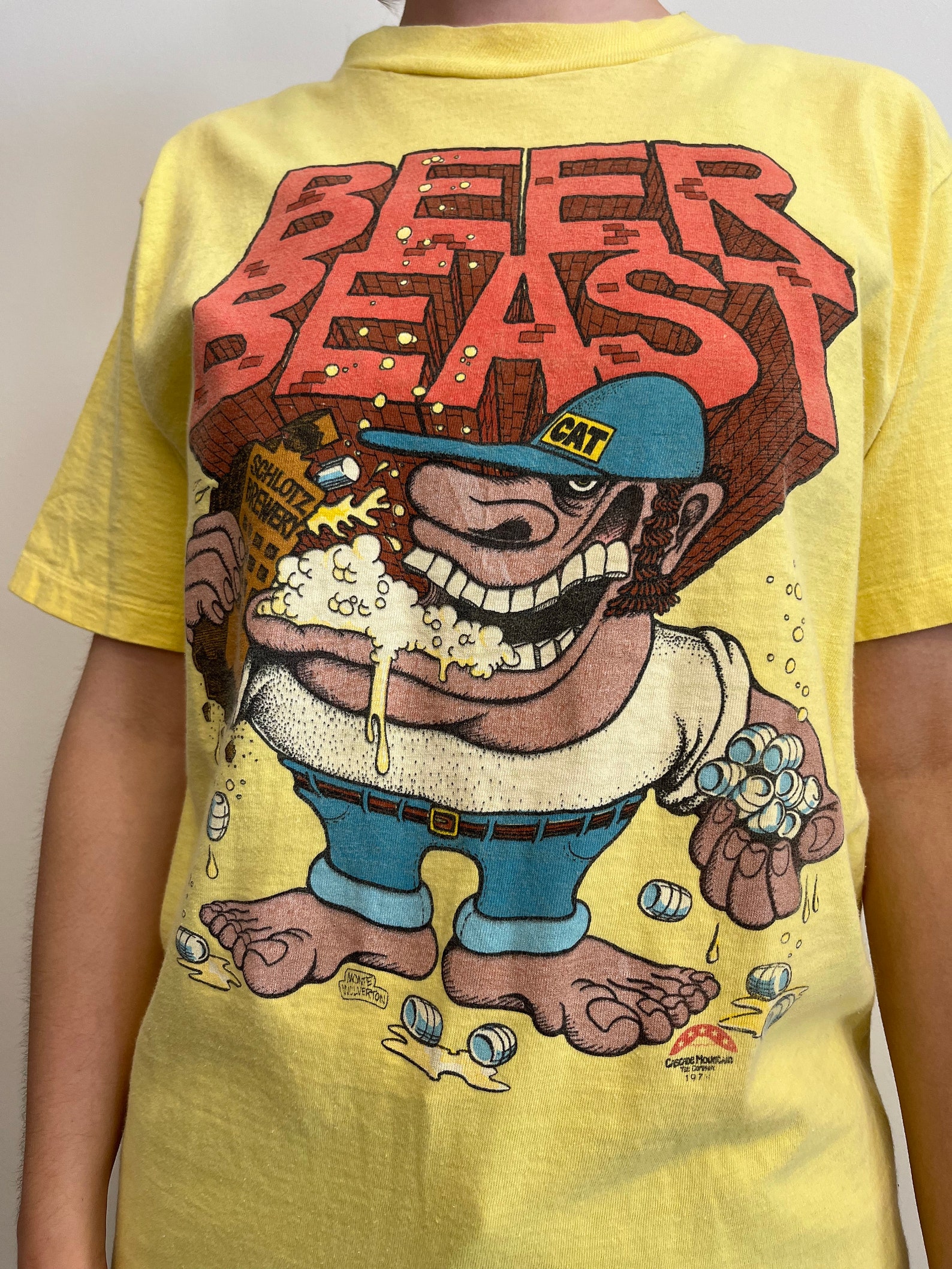 Vintage 80s Beer Beast T Shirt 70s Cartoon Yellow Medium Funny Men's ...