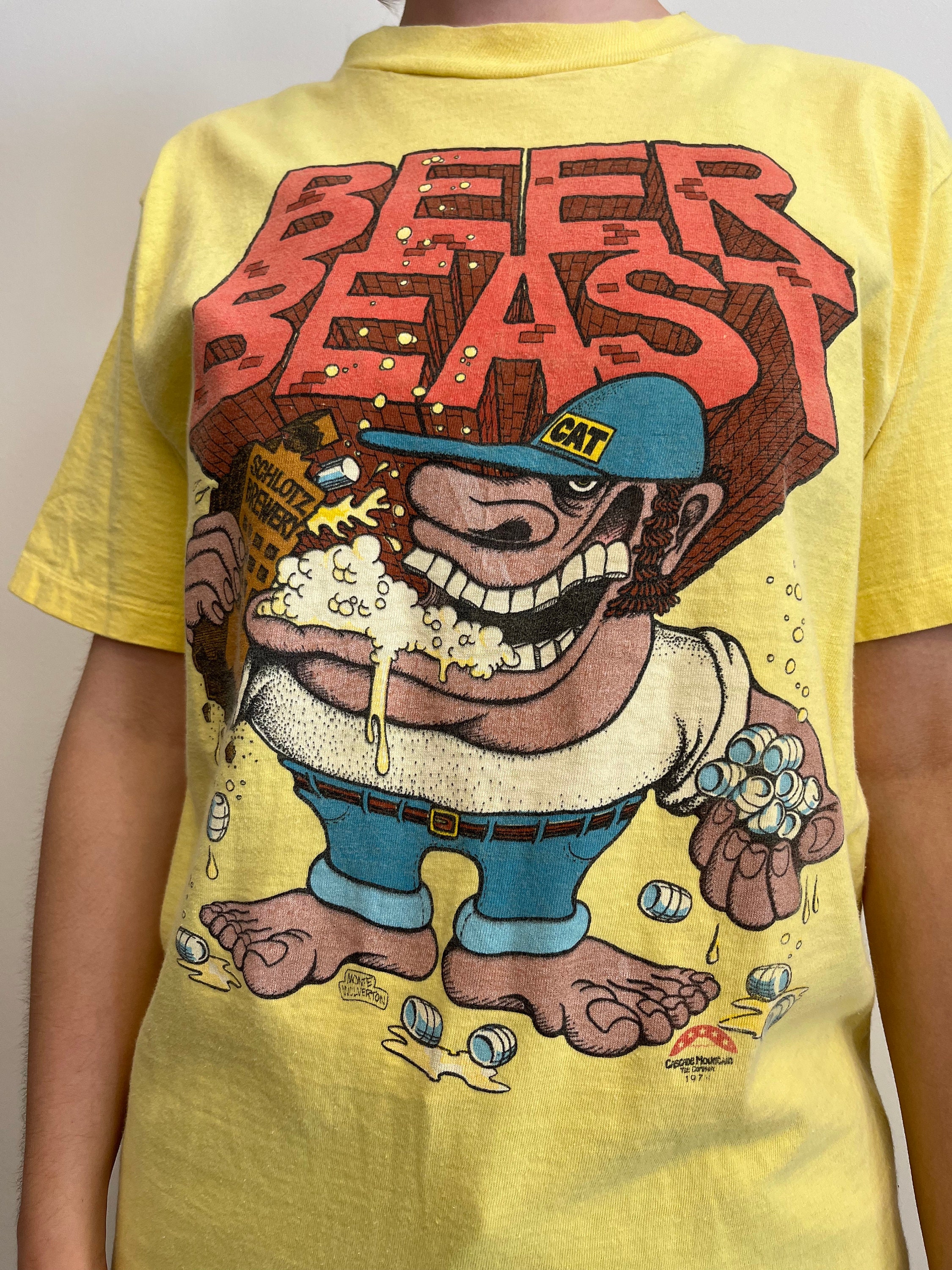 Vintage 80s Beer Beast T Shirt 70s Cartoon Yellow Medium Funny Men's ...