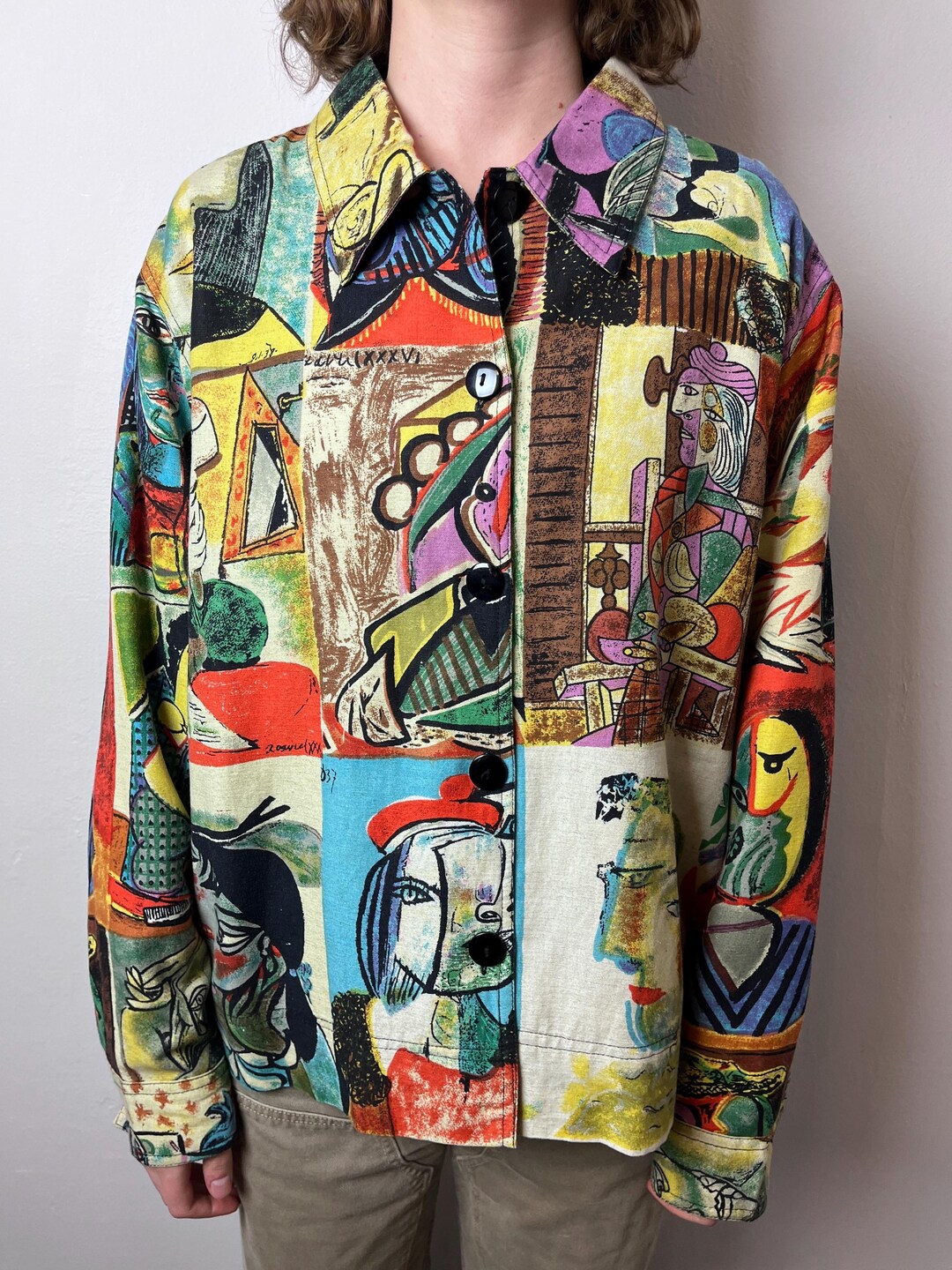 Vintage 80s Picasso Art Jacket 90s Unisex Painting Kaktus Medium Large ...