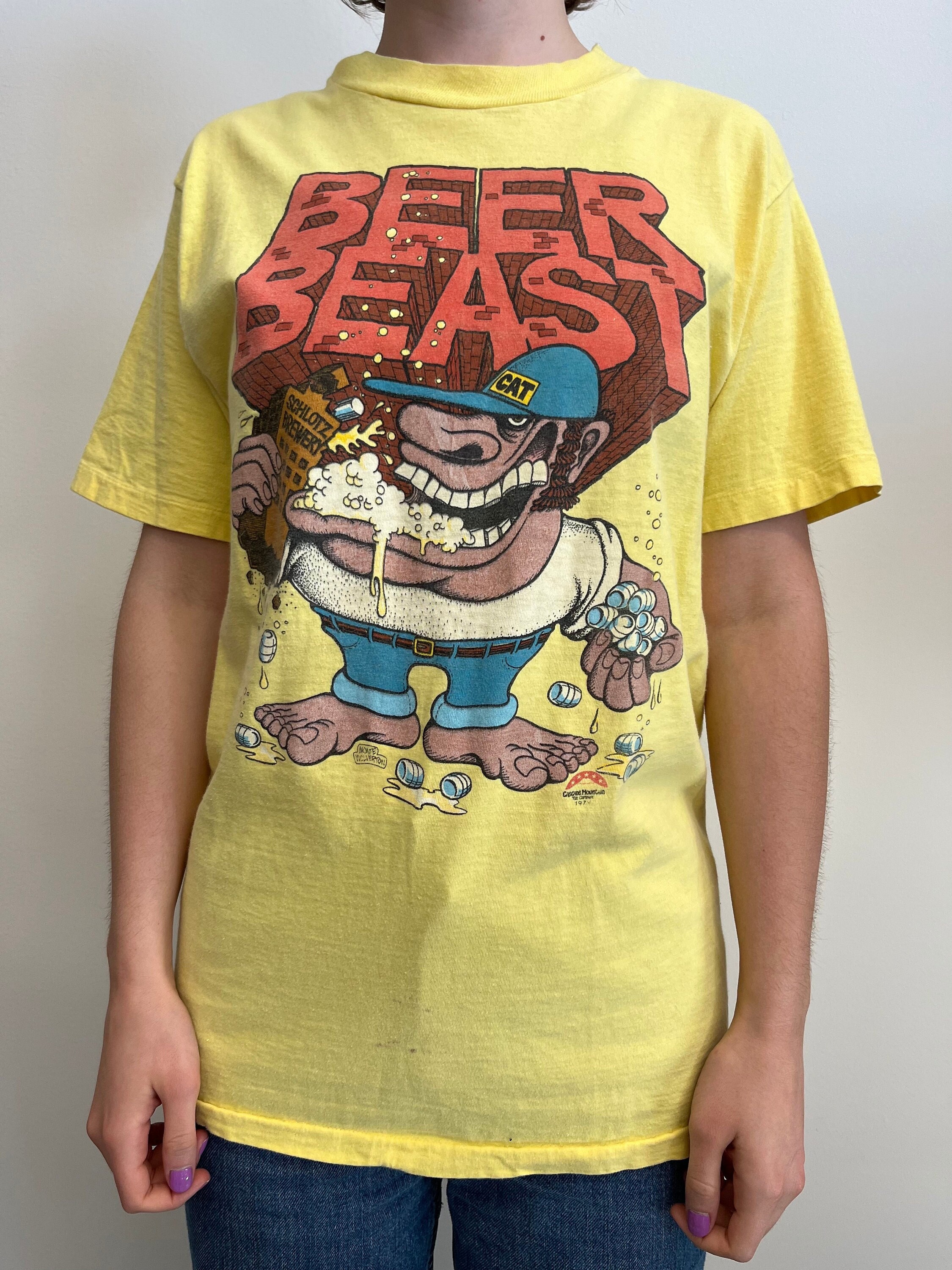 Vintage 80s Beer Beast T Shirt 70s Cartoon Yellow Medium Funny Men's ...
