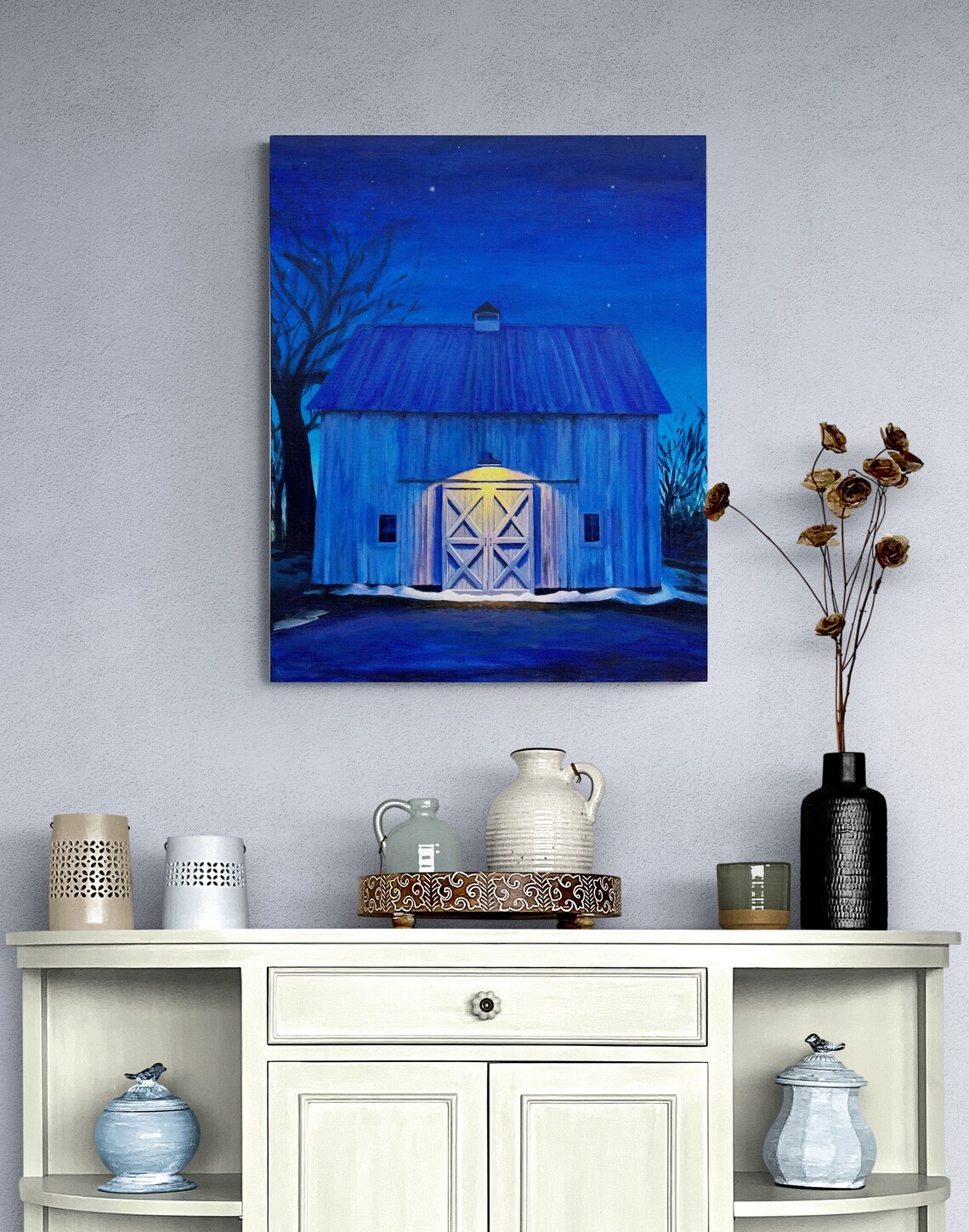 Barn at Night Original Barn Art Night Barn Painting Living - Etsy
