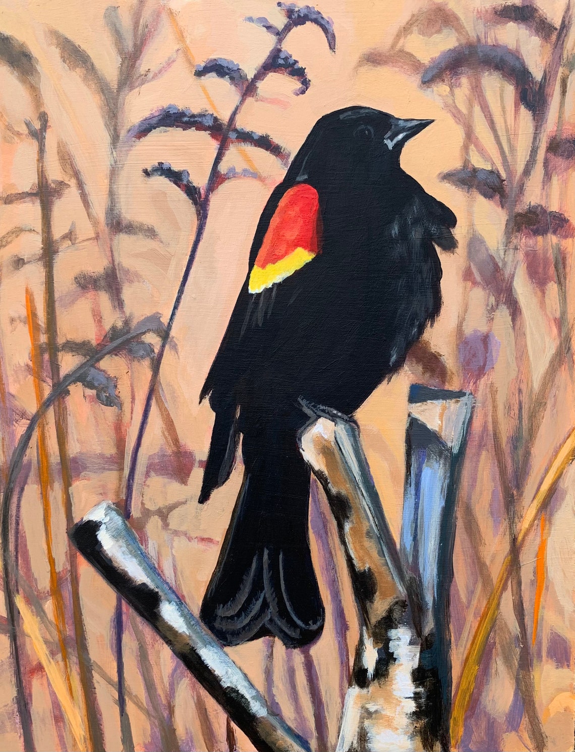 Red Winged Blackbird Painting, Original Blackbird Wall Art, Blackbird ...