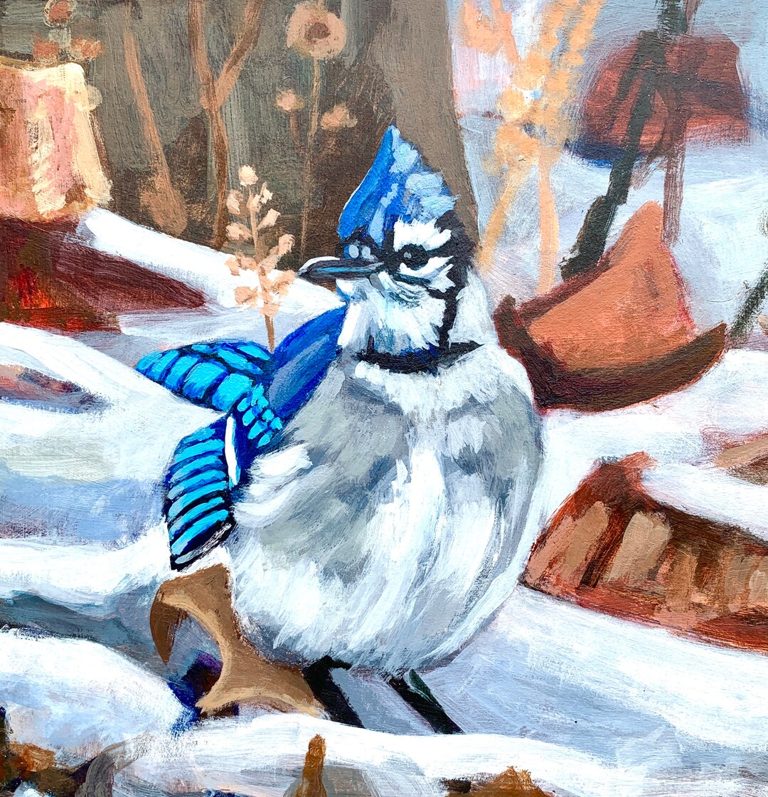 Blue Jay Art, Bird Watcher Gift, Winter Bird Art, Bird in Snow, Small ...
