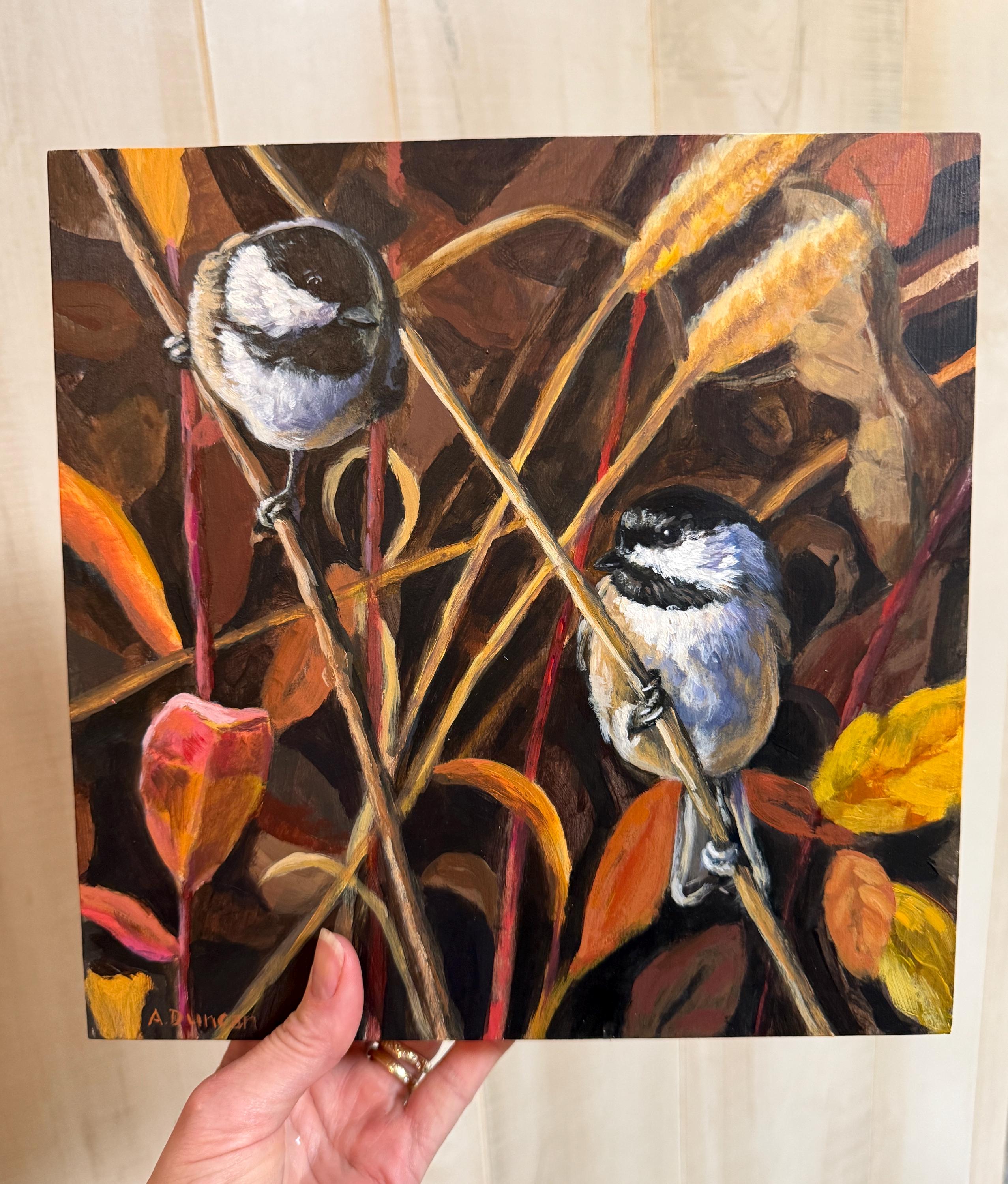Two Chickadees, Chickadee Painting, Original Bird Art, Autumn Chickadee ...