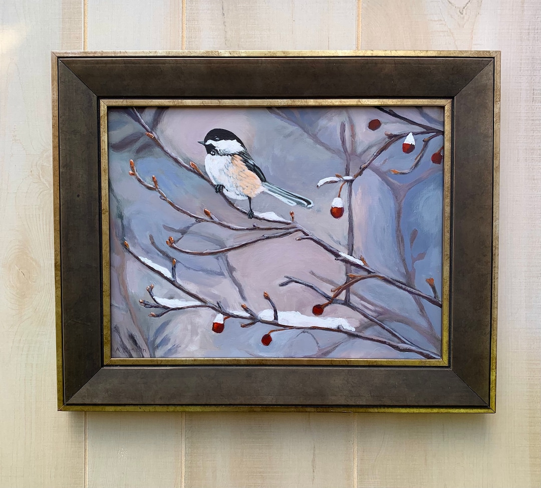 Winter Bird Art, Chickadee Art, Gift for Bird Watcher, Gray Bird ...