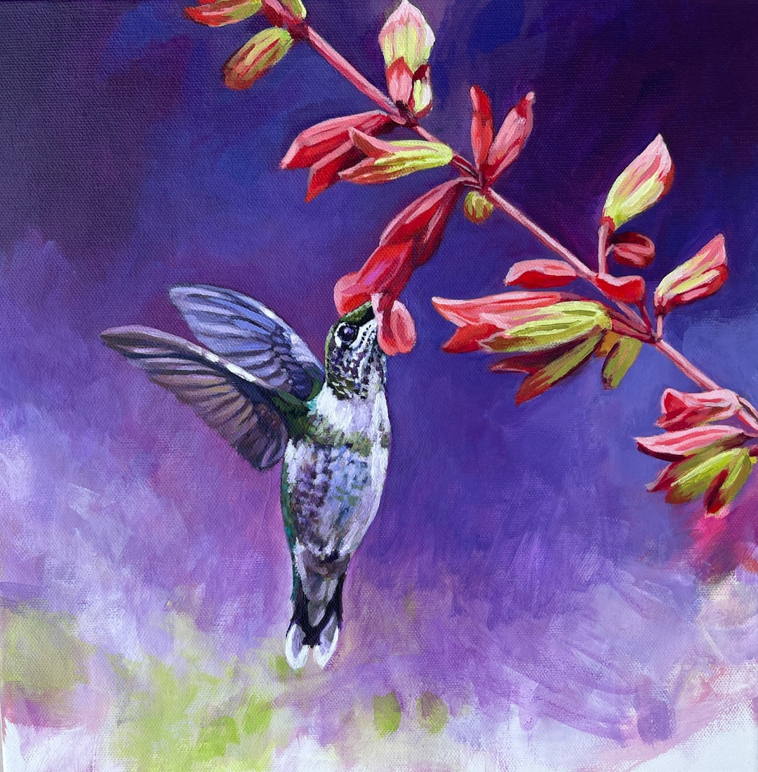 Hummingbird Painting, Small Bird Wall Art, Hummingbird Canvas, Purple ...