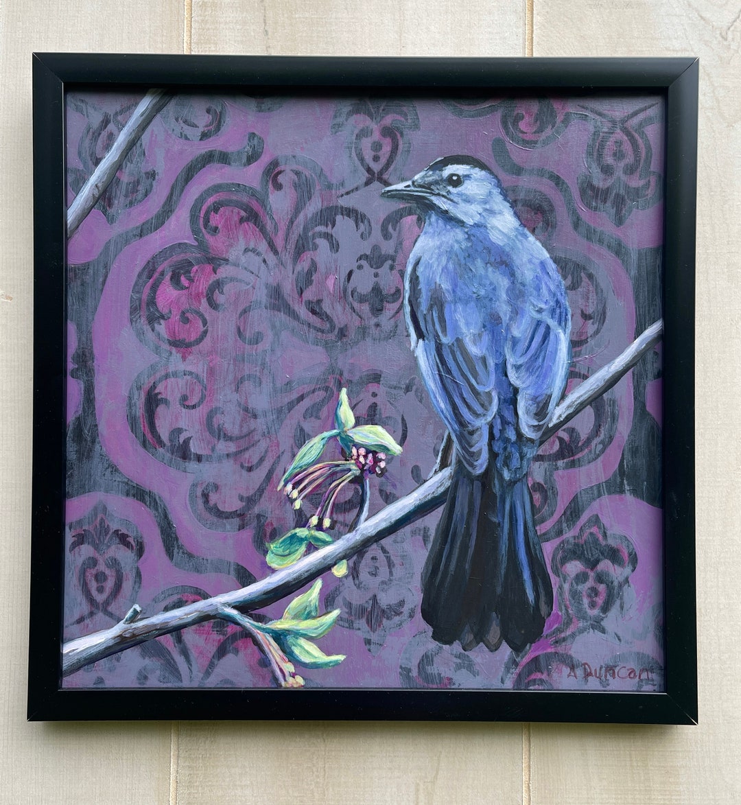 Catbird Painting, Gray Bird in a Tree, Catbird Wall Art, Gray Bird Art ...