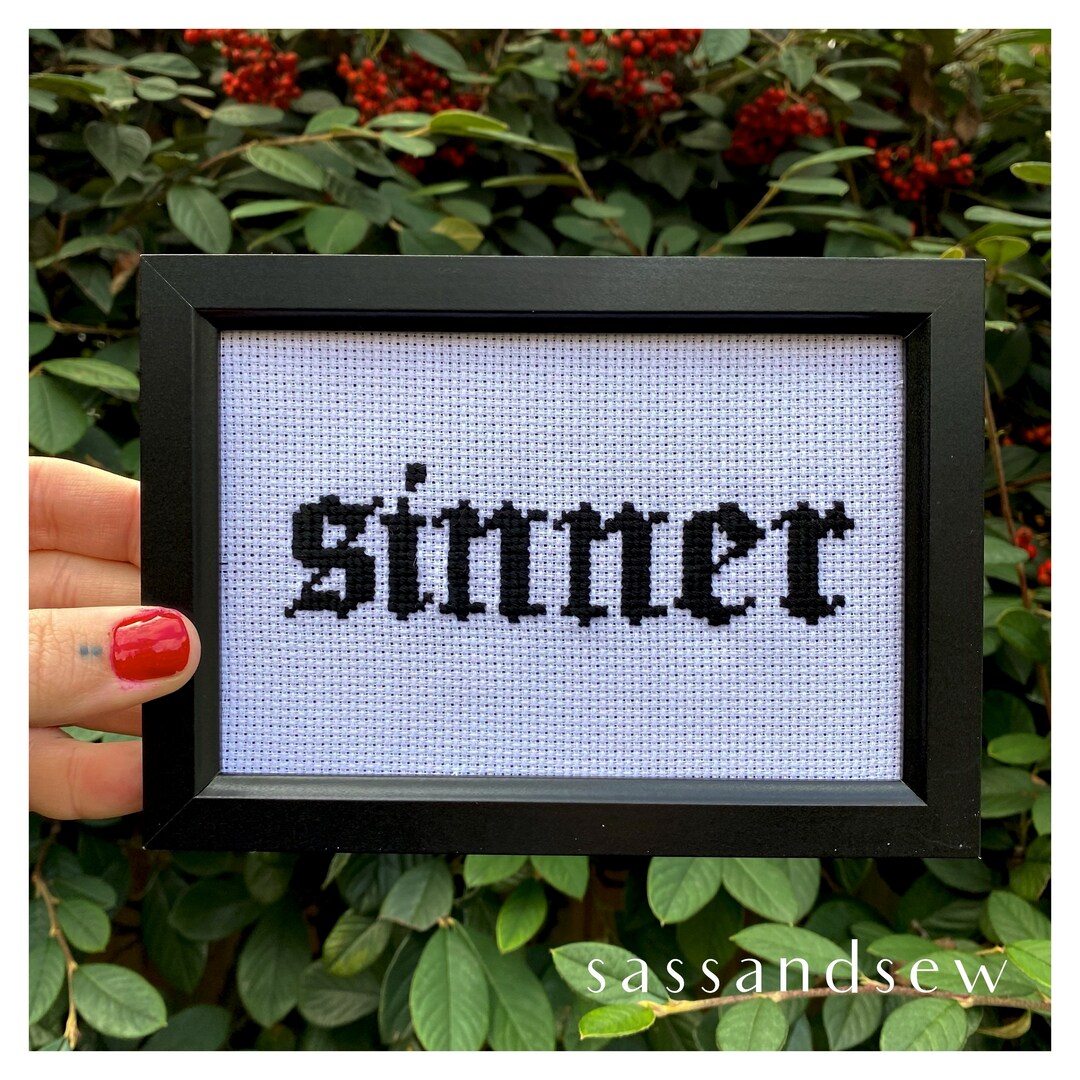 FRAMED PRINT Sinner Cross Stitch Goth Gothic Emo Old English Lettering ...