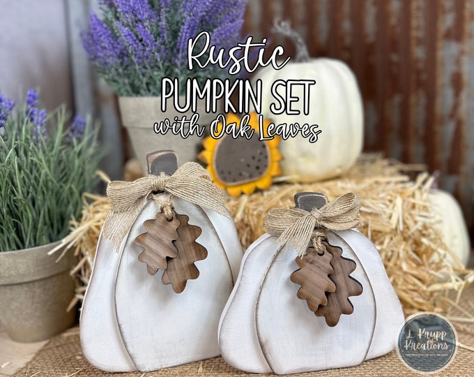 Rustic Pumpkin With Oak Leaves, Chunky Farmhouse Pumpkin, Wood Pumpkins ...