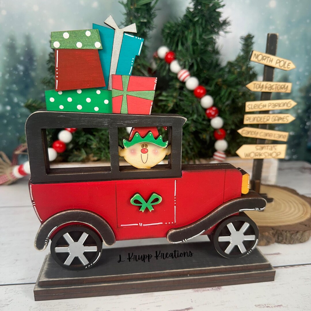 Wooden Elf Shelf Sitter With Vintage Car & Signpost Whimsical Holiday ...