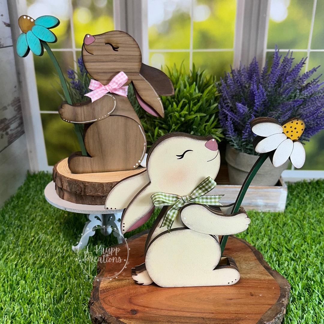 Rustic Wood Bunny Shelf Sitter With Removable Flower - Etsy