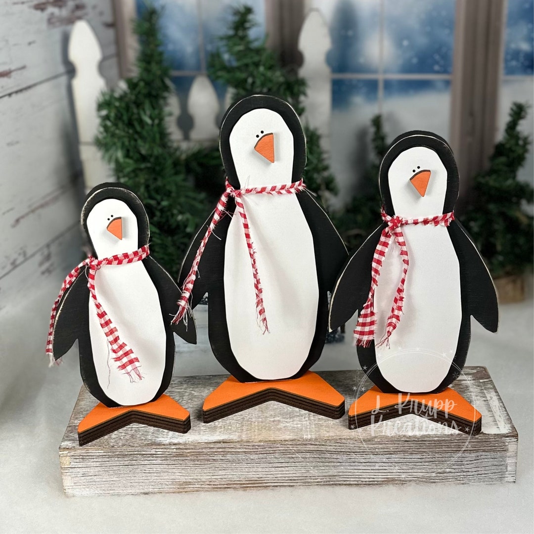 Farmhouse Winter Delight: Chunky Penguin Shelf Sitter, Rustic Wood ...