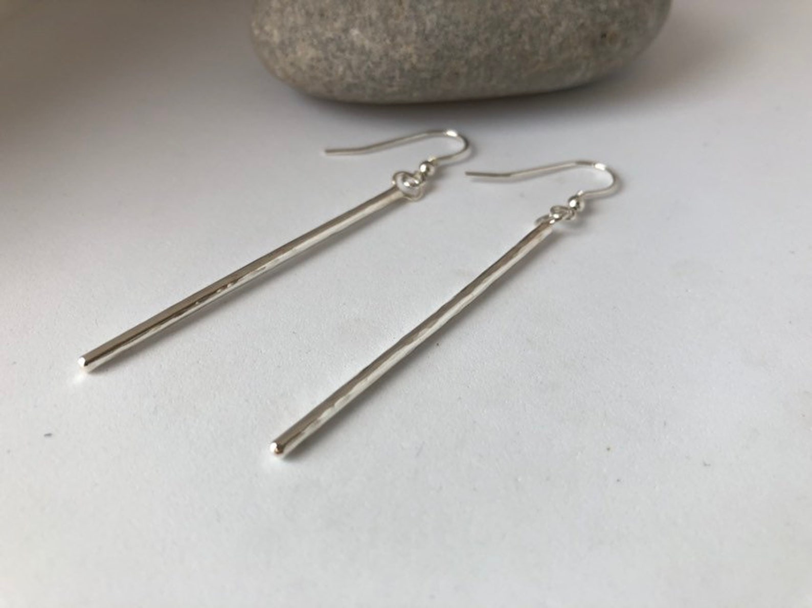 Silver Long Hammered Rod Earrings, Sterling Silver, Handmade, Drop ...
