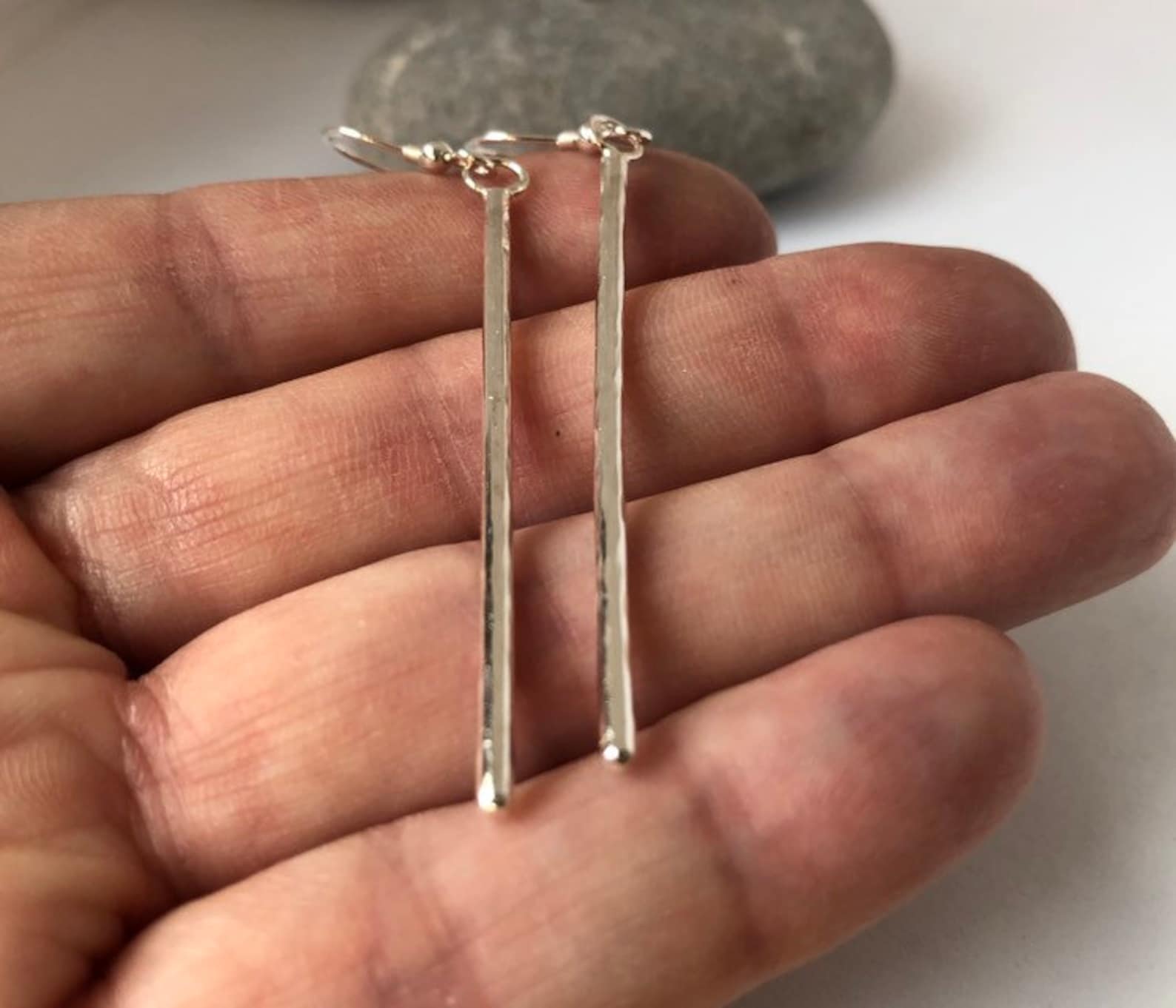 Silver Long Hammered Rod Earrings, Sterling Silver, Handmade, Drop ...