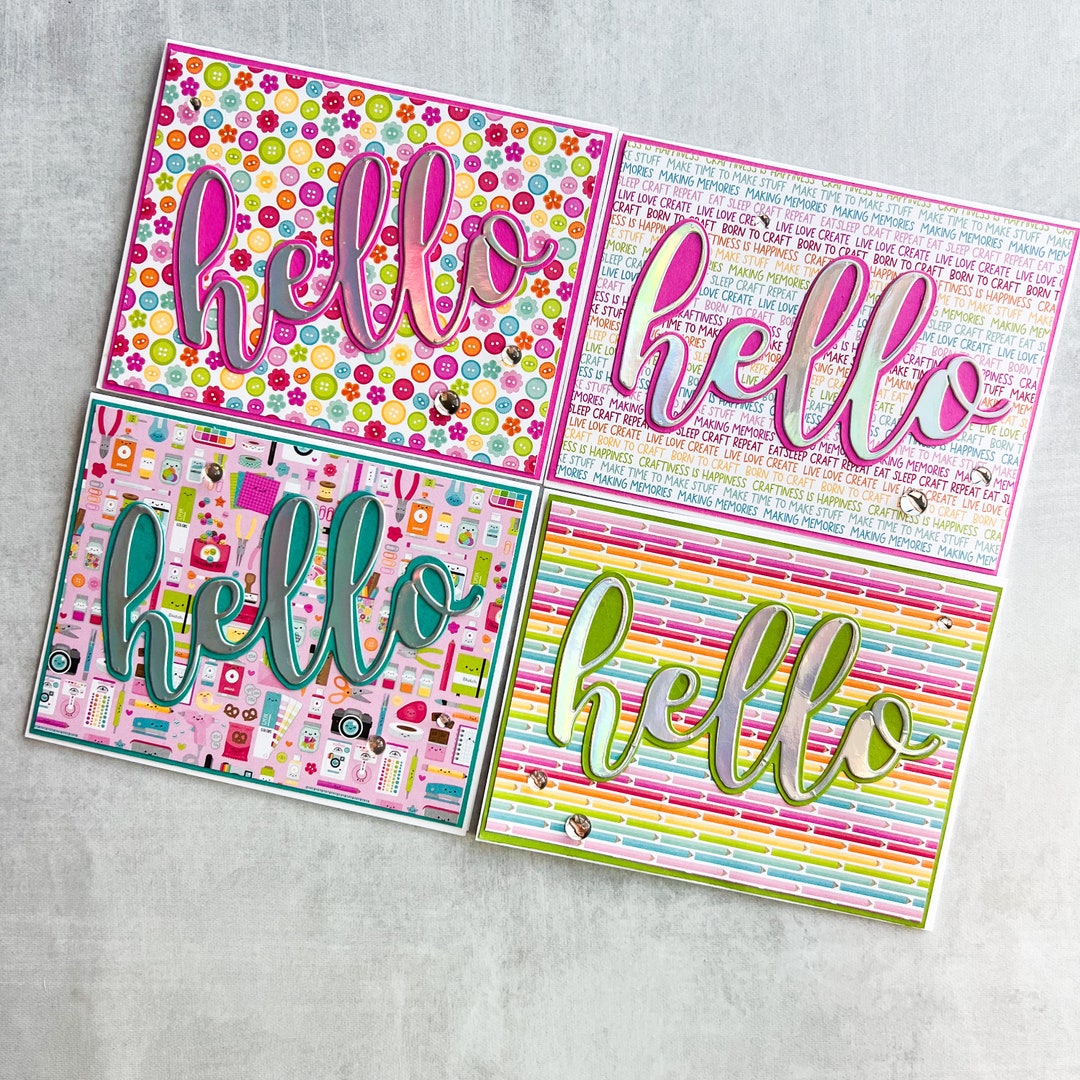 Set of 4 Handmade, HELLO Note Cards Craft Sewing Art Theme With a ...