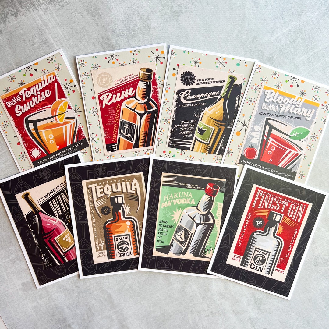 Set of 8 Handmade Retro Alcohol Themed Cards! Tequila, Bloody Mary ...
