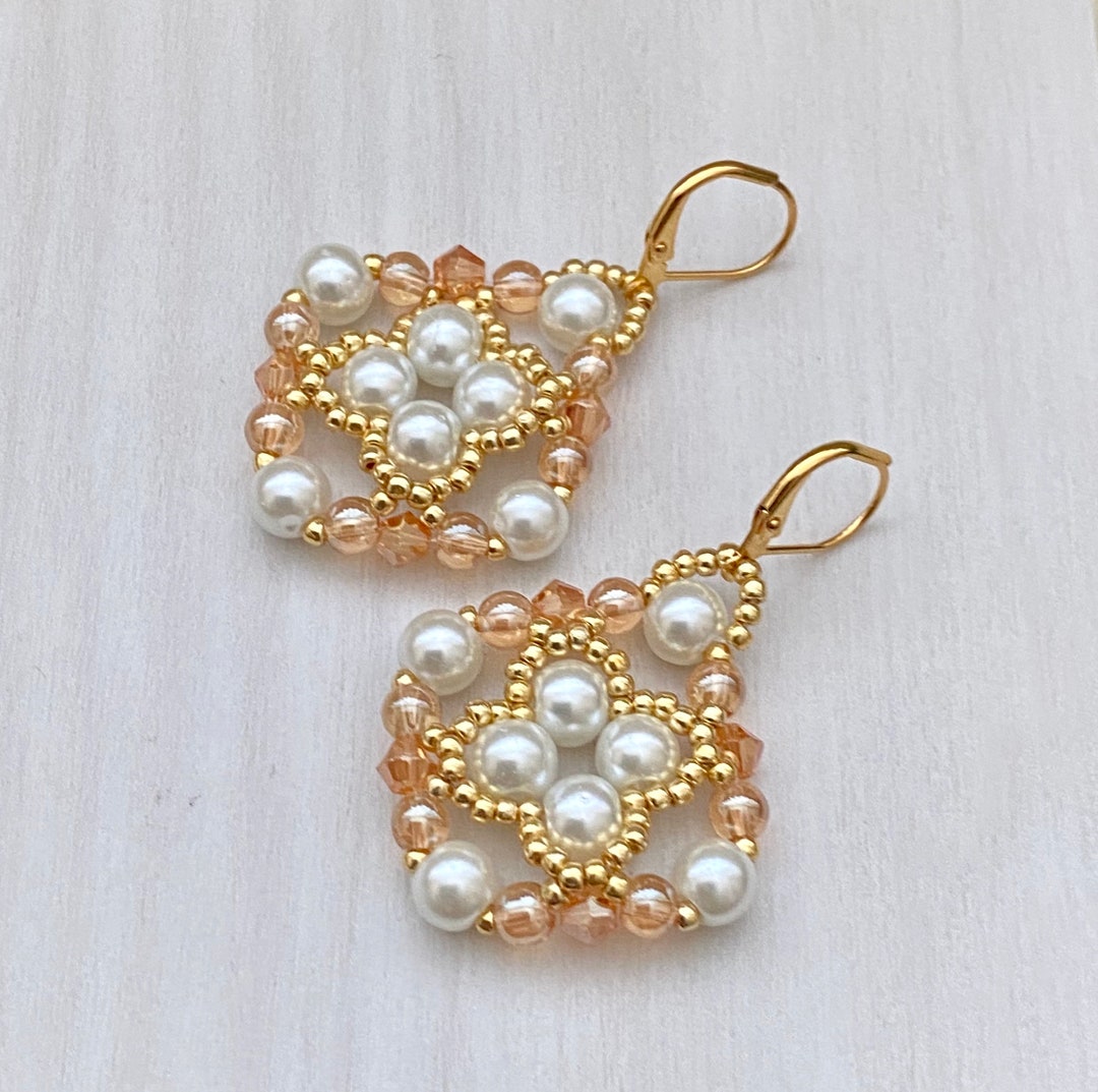Handmade White Pearls Crystal Bead Weave Earrings - Etsy